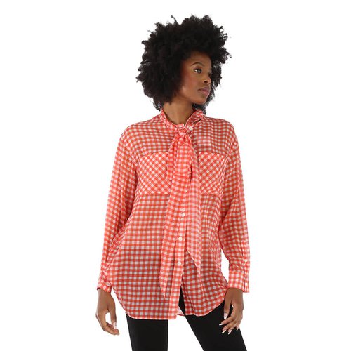 Burberry Gingham Silk Chiffon Pussy Bow Blouse Red 4564509 Solesense