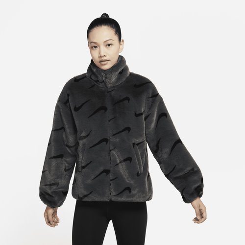 Nike Sportswear Plush Printed Faux Fur Jacket 'Dark Smoke Grey/Black ...