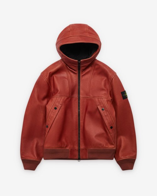 Stone Island Textured Leather Hooded Jacket 'Brick Red' | Solesense