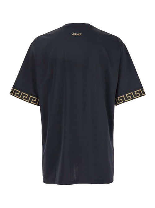 Versace Black Crewneck T-shirt With Greca Pattern On The Sleeves In ...