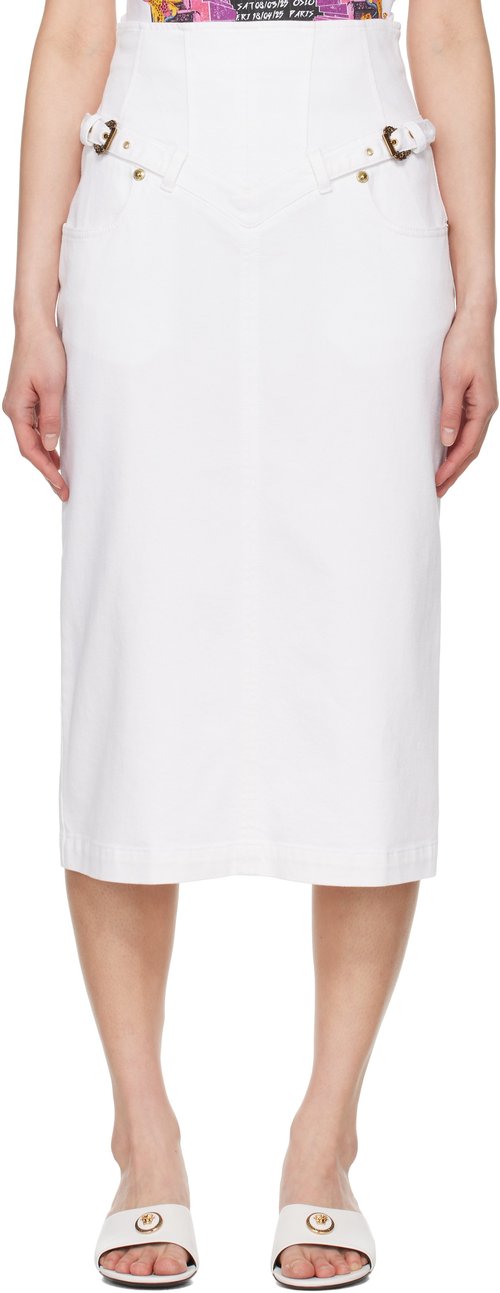 Versace Jeans Couture White Baroque Buckle Denim Midi Skirt 'E003 White ...